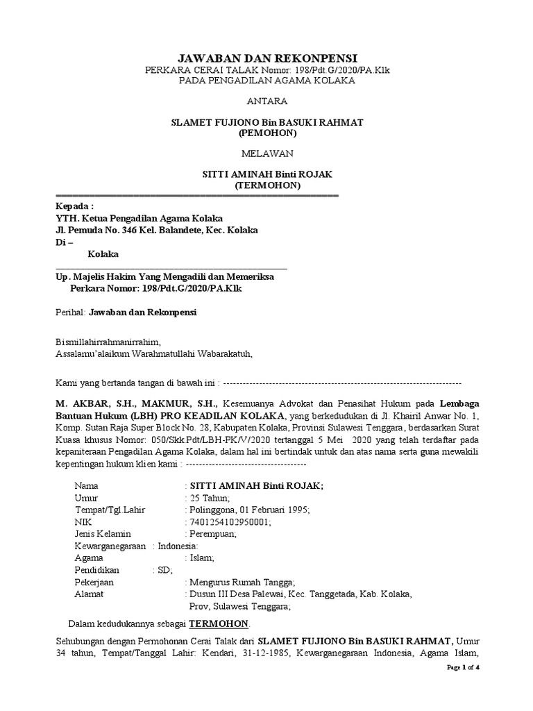 Jawaban & Rekonpensi Cerai Talak Di Pengadilan Agama | PDF