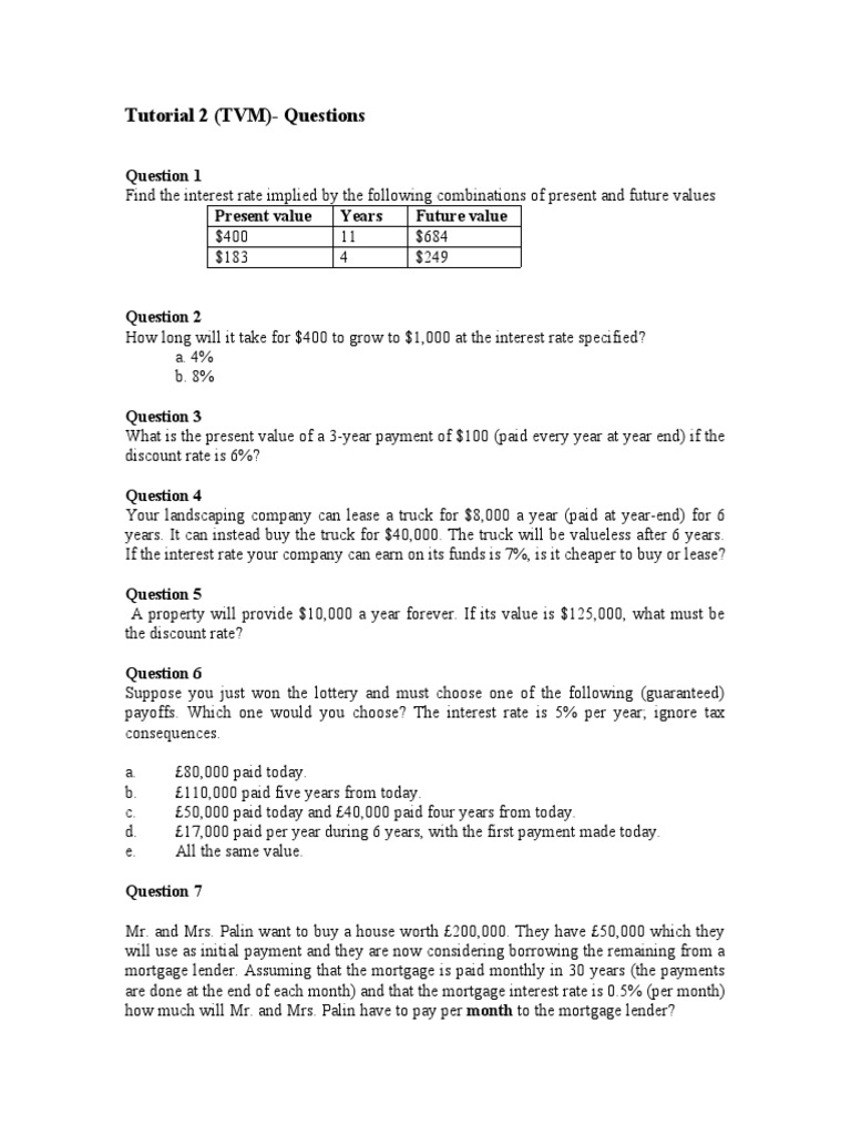 Tutorial 2 (TVM) - Questions: Present Value Years Future Value | Download Free PDF | Mortgage ...