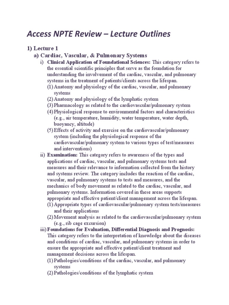Access NPTE Review Lecture Outline | PDF | Pathology | Medical Diagnosis