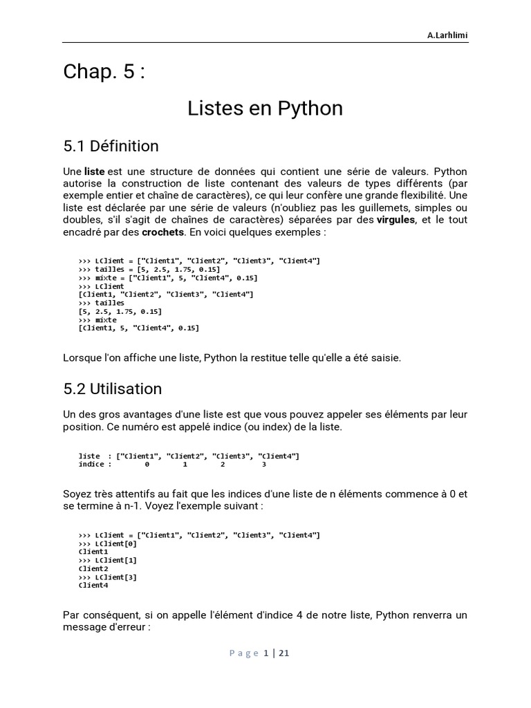 Chap. 5 Liste en Python | PDF | Structure de contrôle | Python (Langage de programmation)