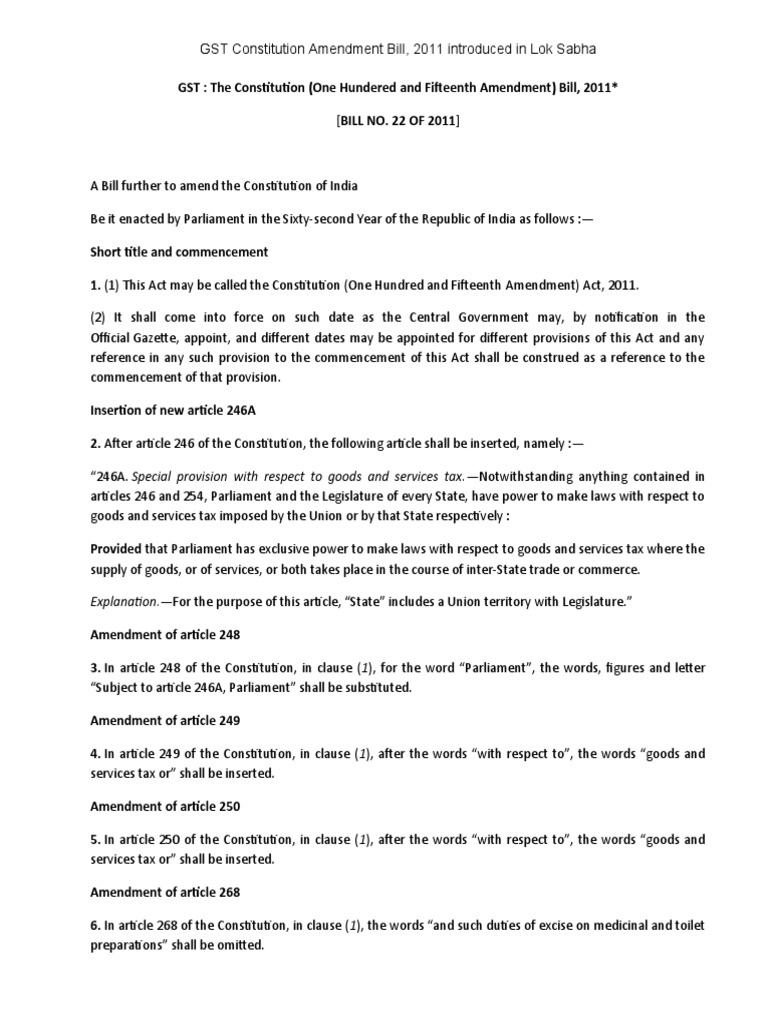 GST Constitution Amendment Bill, 2011 Introduced in Lok Sabha | PDF ...