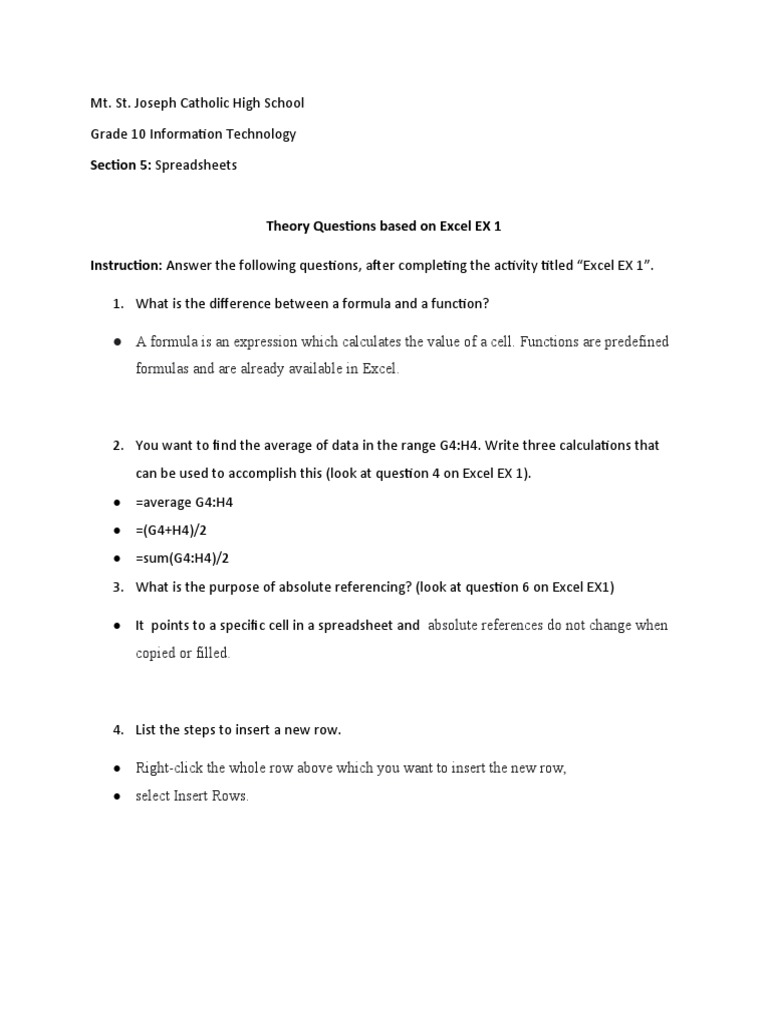 Theory Questions - Excel EX1 | PDF