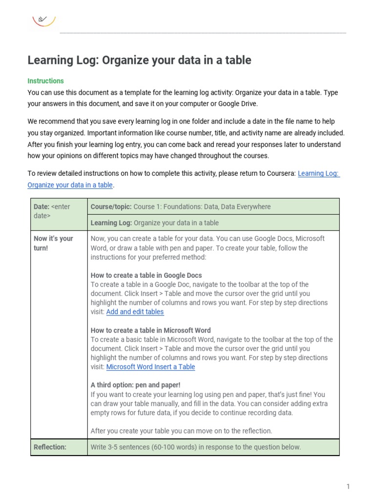 Learning Log: Organize Your Data in A Table: Instructions | PDF | Microsoft Word | Software
