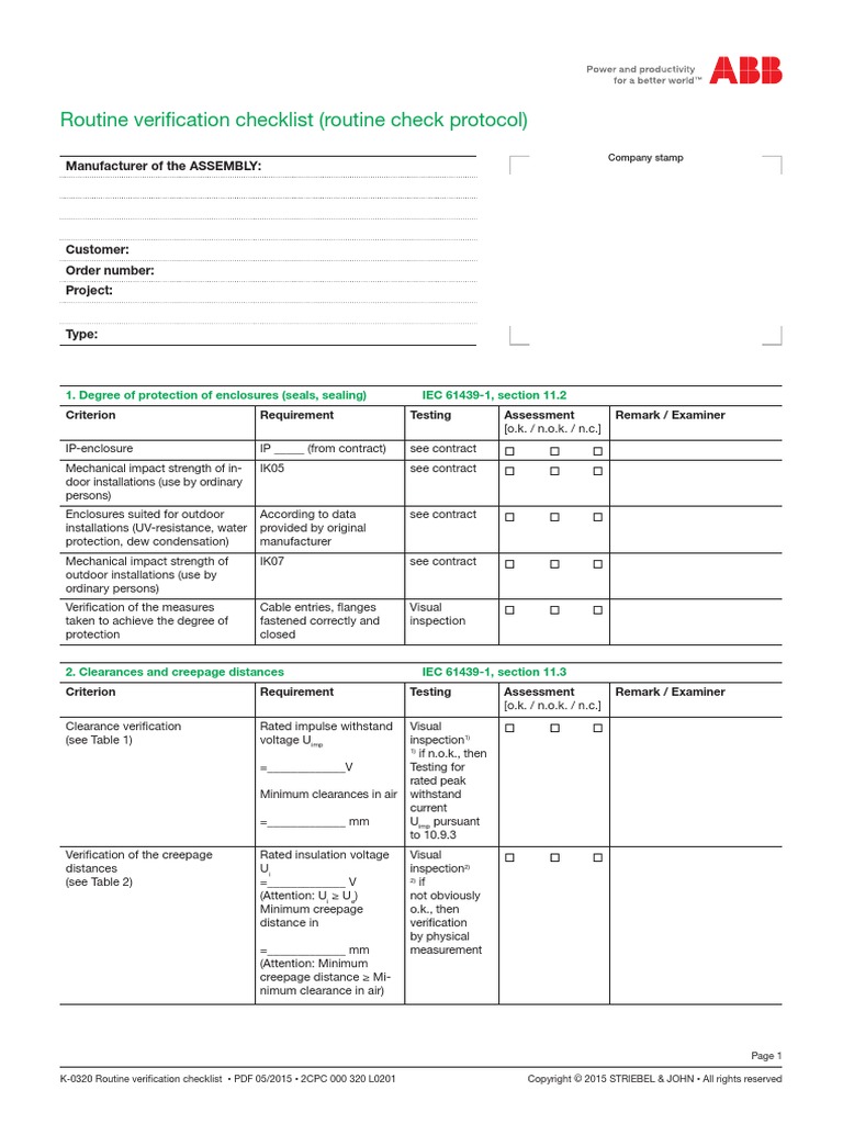 Routine Verification Checklist ABB | PDF | Electrical Wiring ...