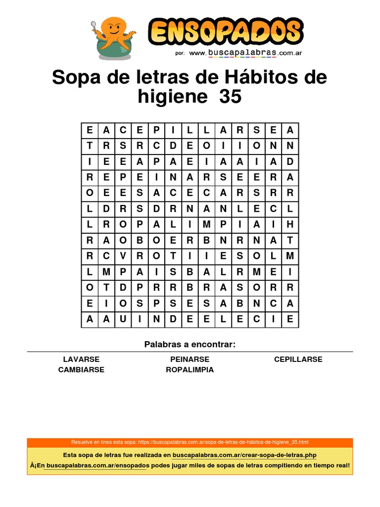 Sopa de Letras de Hábitos de Higiene - 35 | PDF