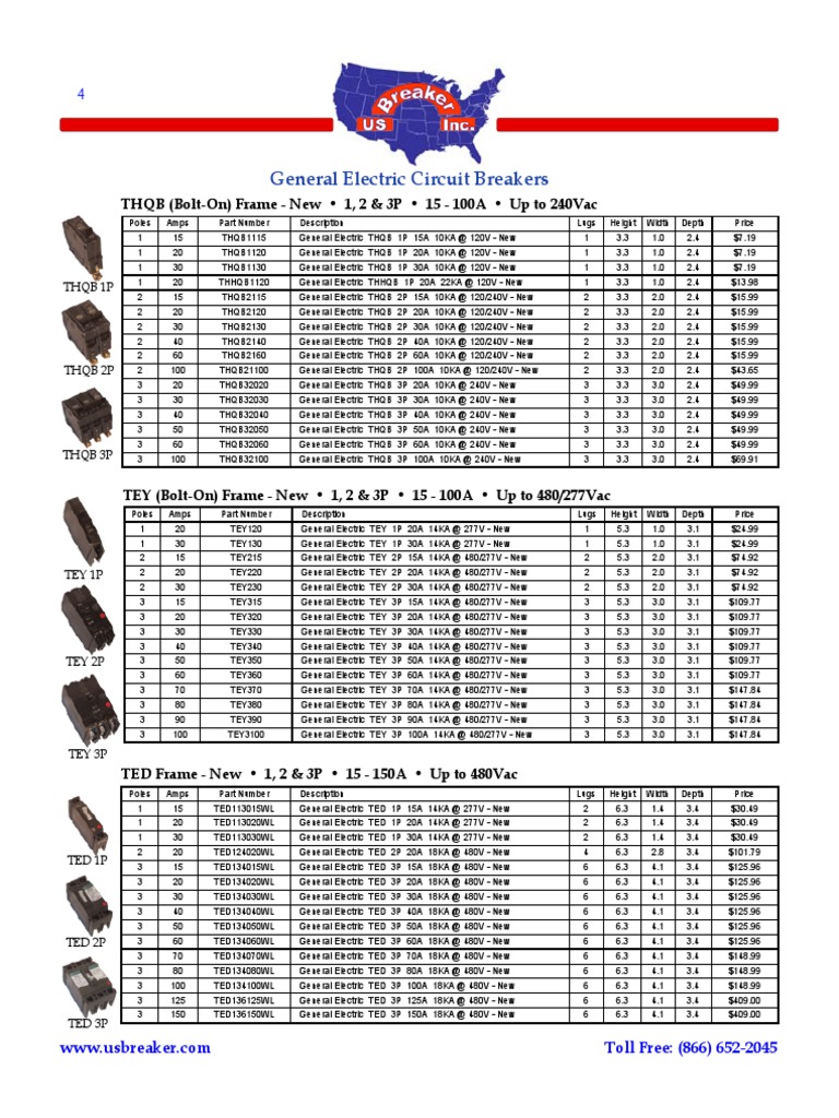 General Electric Circuit Breakers: THQB (Bolt-On) Frame - New - 1, 2 ...