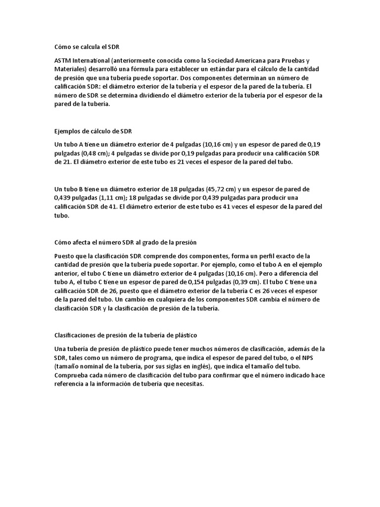 Cálculo y Significado del SDR en Tuberías | PDF