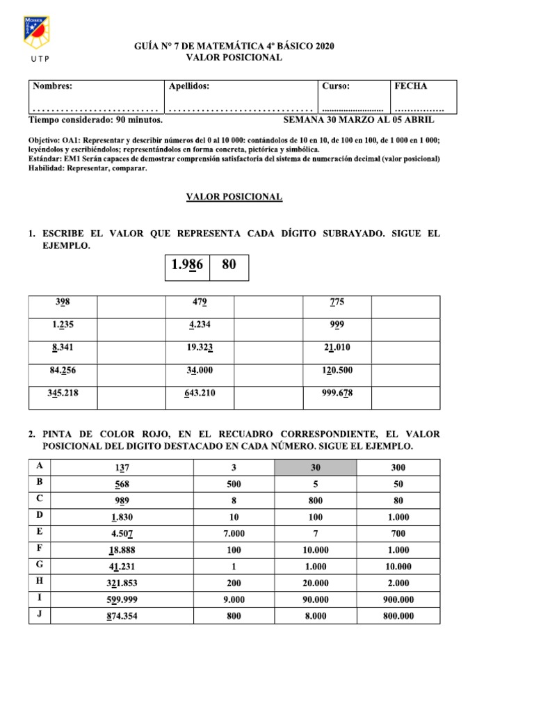 Prueba Valor Posicional | PDF