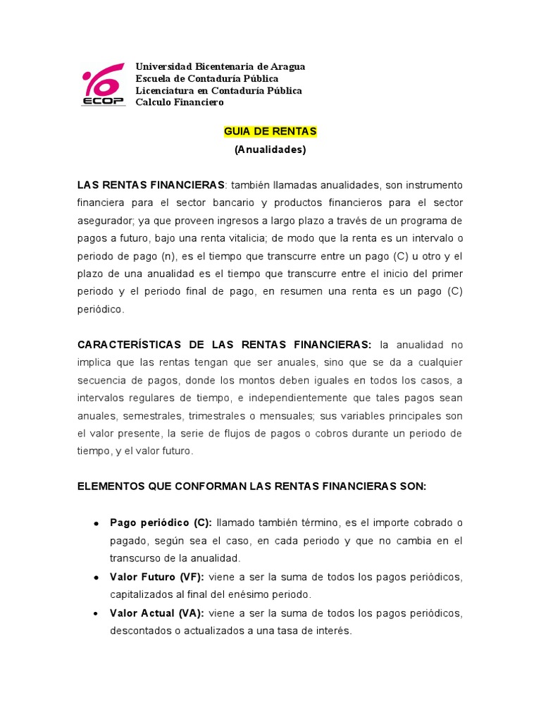 Guia N01 Rentas | PDF | Anualidad (Europea) | Interés