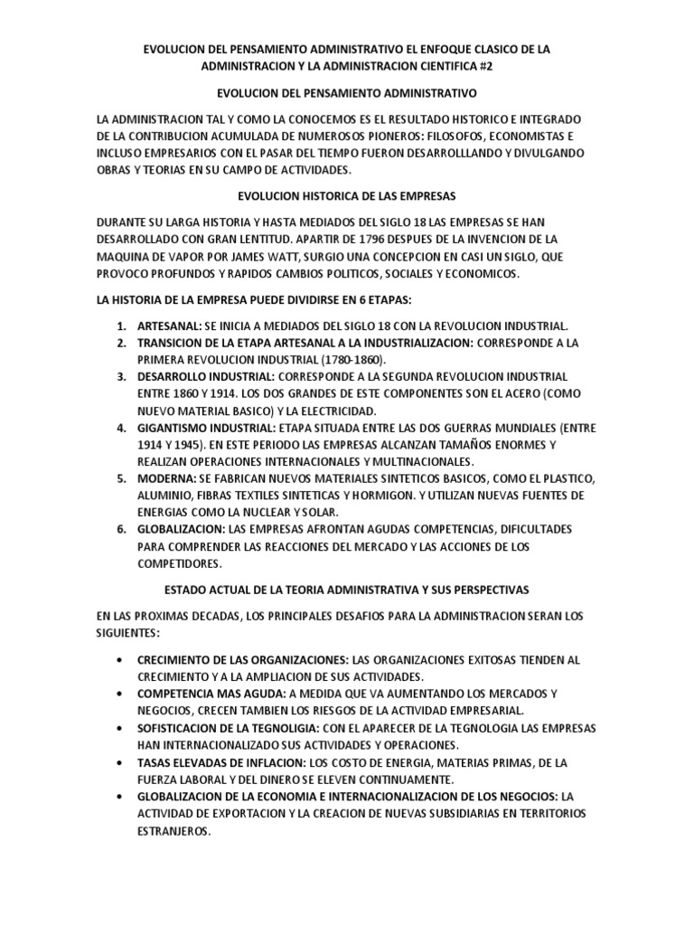 Evolucion Del Pensamiento Administrativo El Enfoque Clasico de La Administracion y La ...