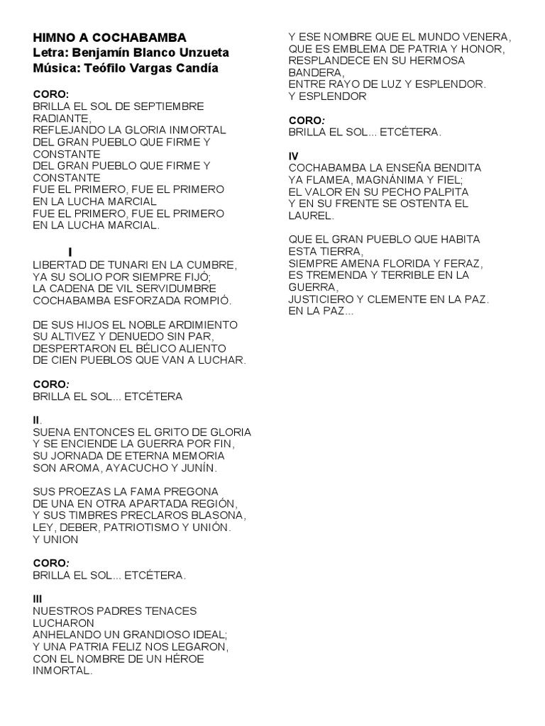 Himno A Cochabamba Completo 2021 | PDF | Amor | Religión y creencia