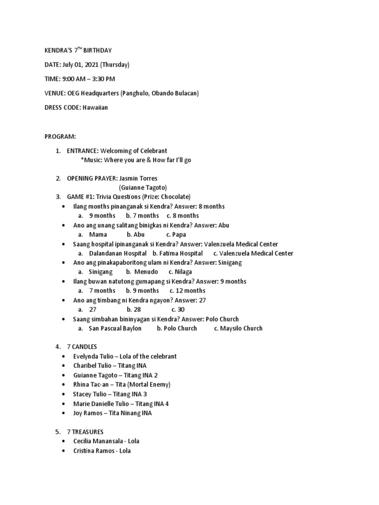 Kendra's 7TH Bday (Program) | PDF | Art