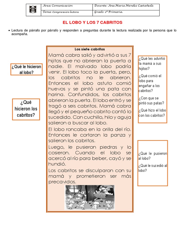 Comprensión Lectora (El Lobo y Los 7 Cabritos) | PDF