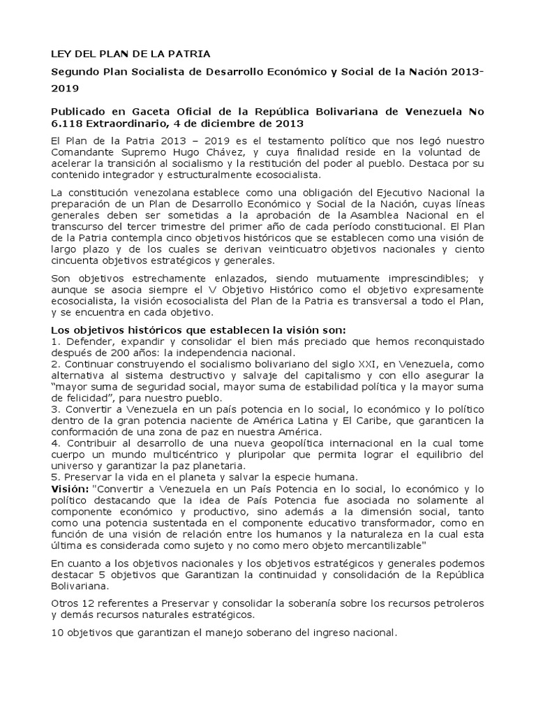 Plan de la Patria 2013-2019: Visión y Objetivos | PDF | Venezuela ...