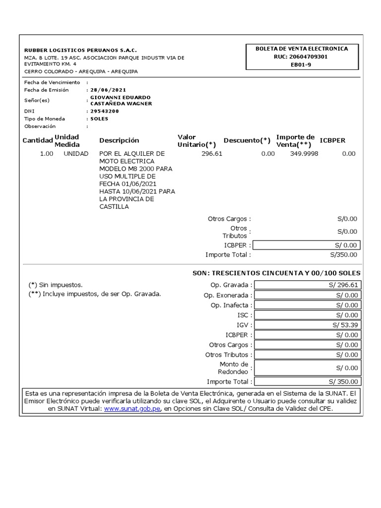 Boleta de Venta de Alquiler de Moto | PDF | Business