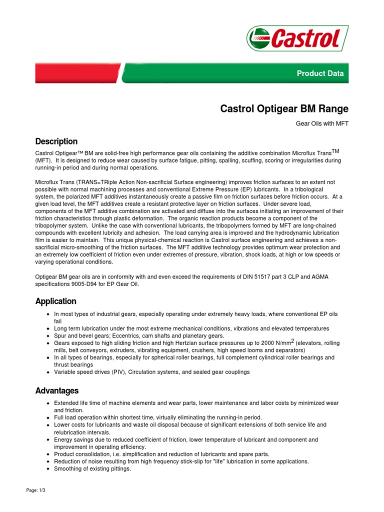 Ficha Tecnica Castrol Optigear BM Range | PDF | Lubricant | Bearing ...