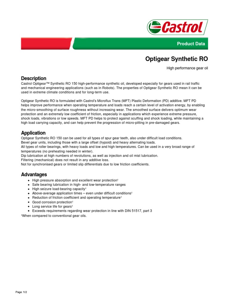 Ficha Tecnica Castrol Optigear Synthetic | PDF | Gear | Wear