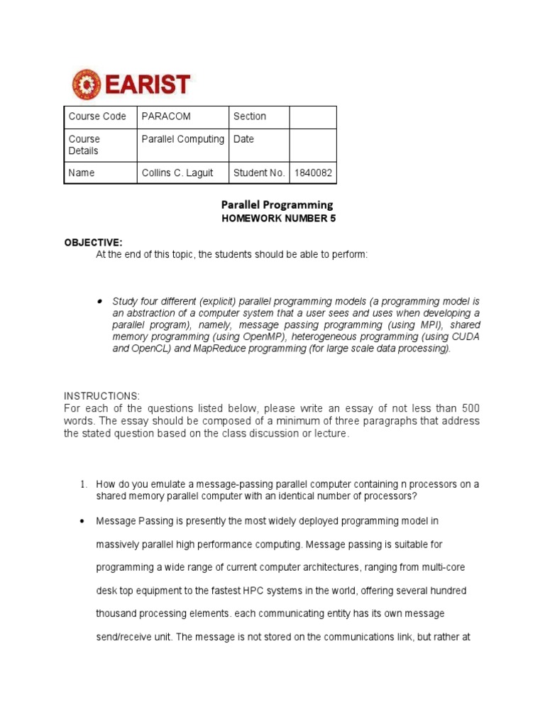 Parallel Programming Homework Number 5 Objective Pdf Message Passing Interface Parallel