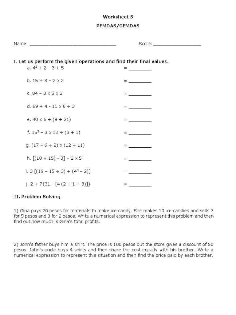 Worksheet 5 Pemdas Gemdas | PDF