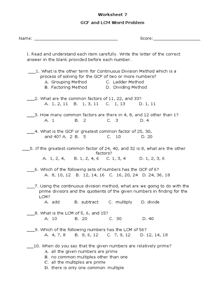 Gcf And Lcm Word Problems Worksheet Pdf Least Common Multiple From