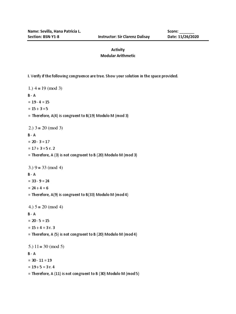 ACTIVITY - MODULAR ARITHMETIC-1 Sevilla, Hana | PDF