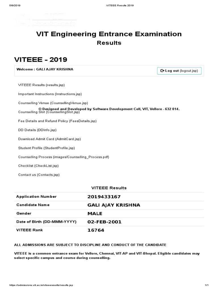 VITEEE Results 2019 SFFSD | PDF