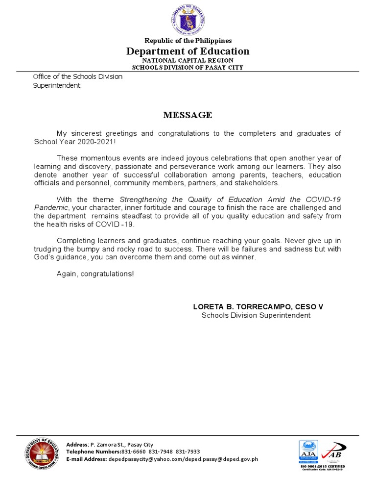 Pasay City Schools Graduation Message | PDF