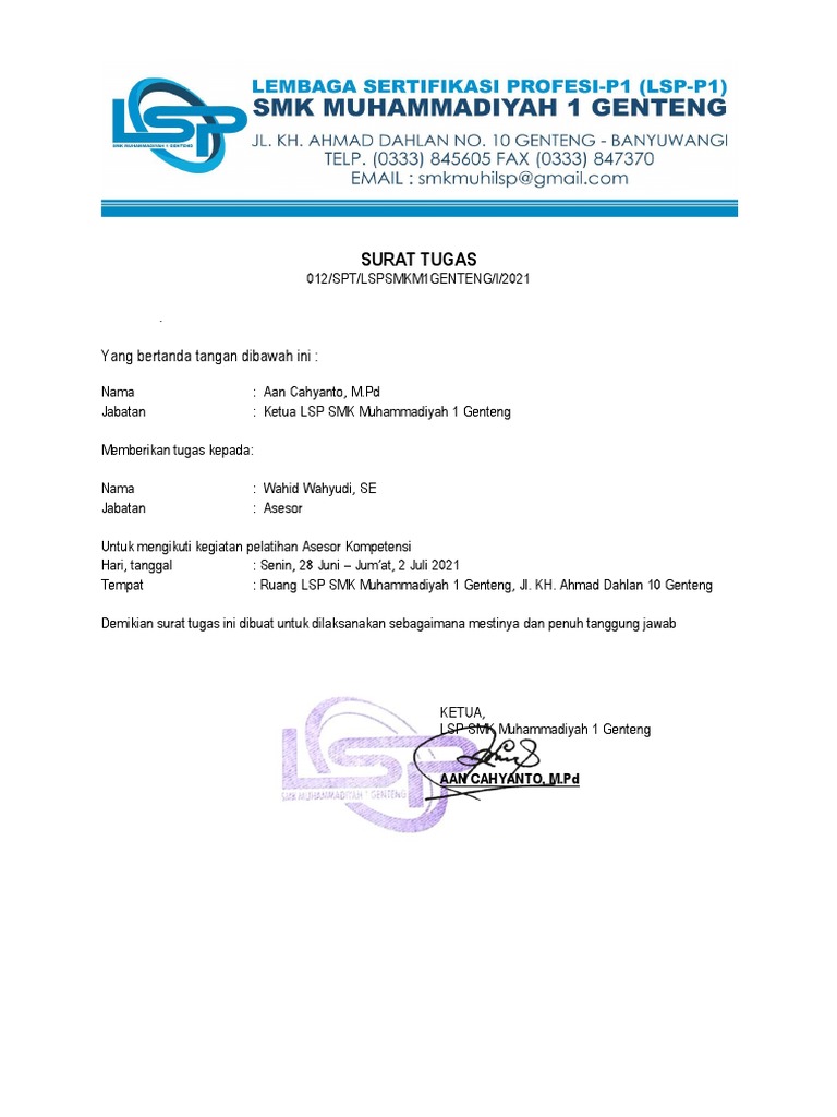 SURAT TUGAS Mengikuti Pelatihan Asesor | PDF