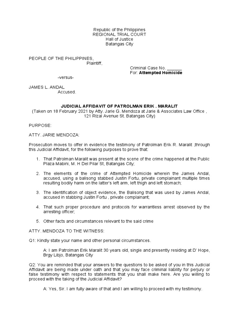 Judicial Affidavit: Attempted Homicide | PDF | Affidavit | Perjury