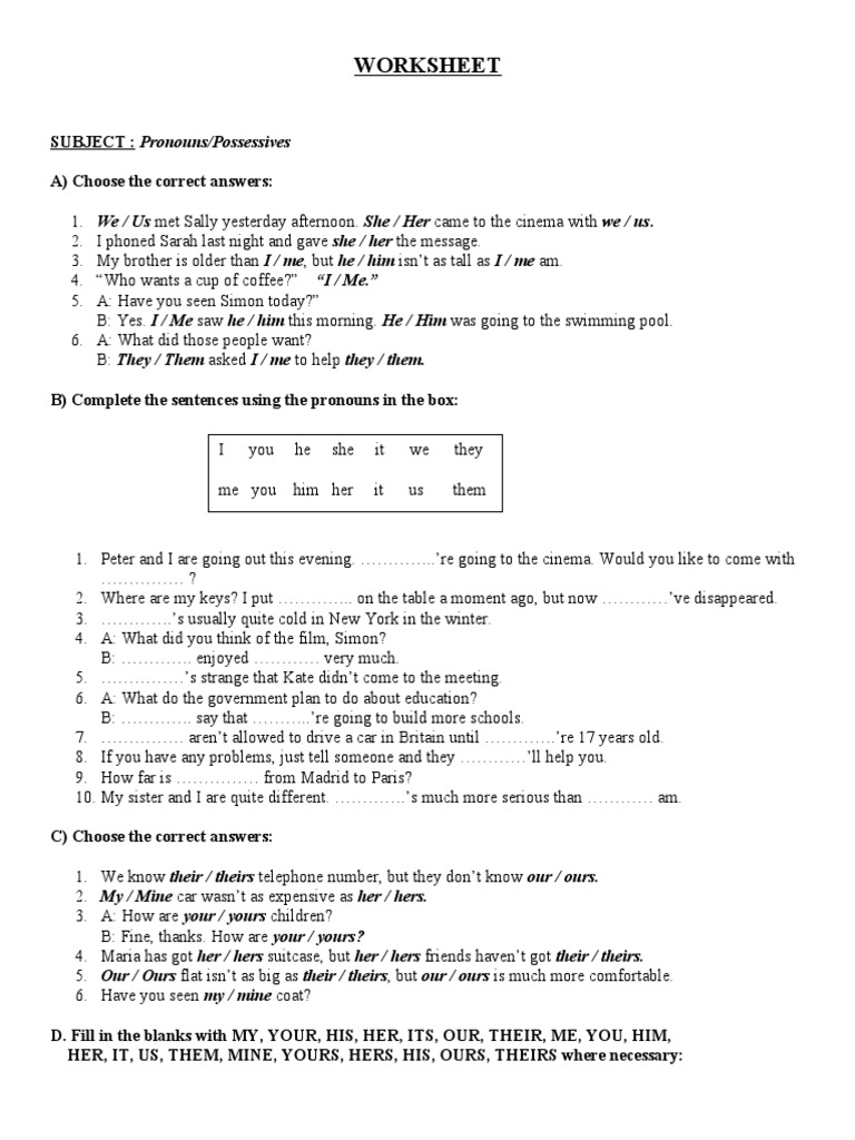 Worksheet-Pronouns and Possessives | PDF