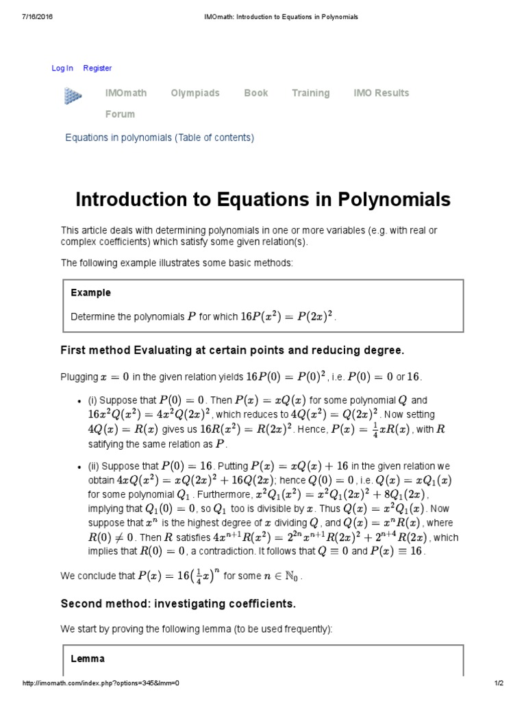 IMOmath - Introduction To Equations in Polynomials | PDF | Polynomial | Equations