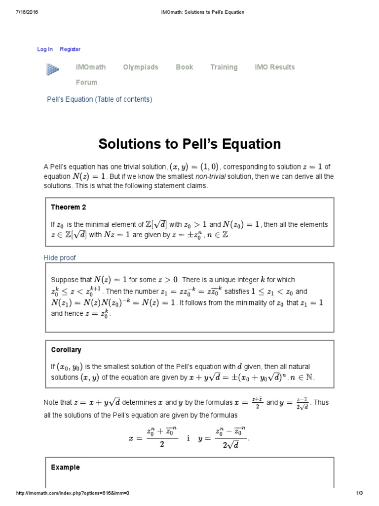 IMOmath - Solutions To Pell's Equation | PDF | Equations | Discrete ...