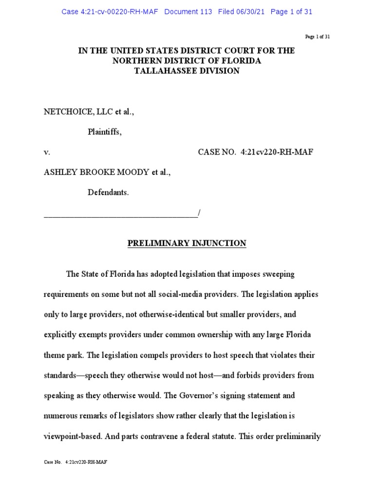 Preliminary Injunction Against Florida 'Deplatforming' Law | PDF ...