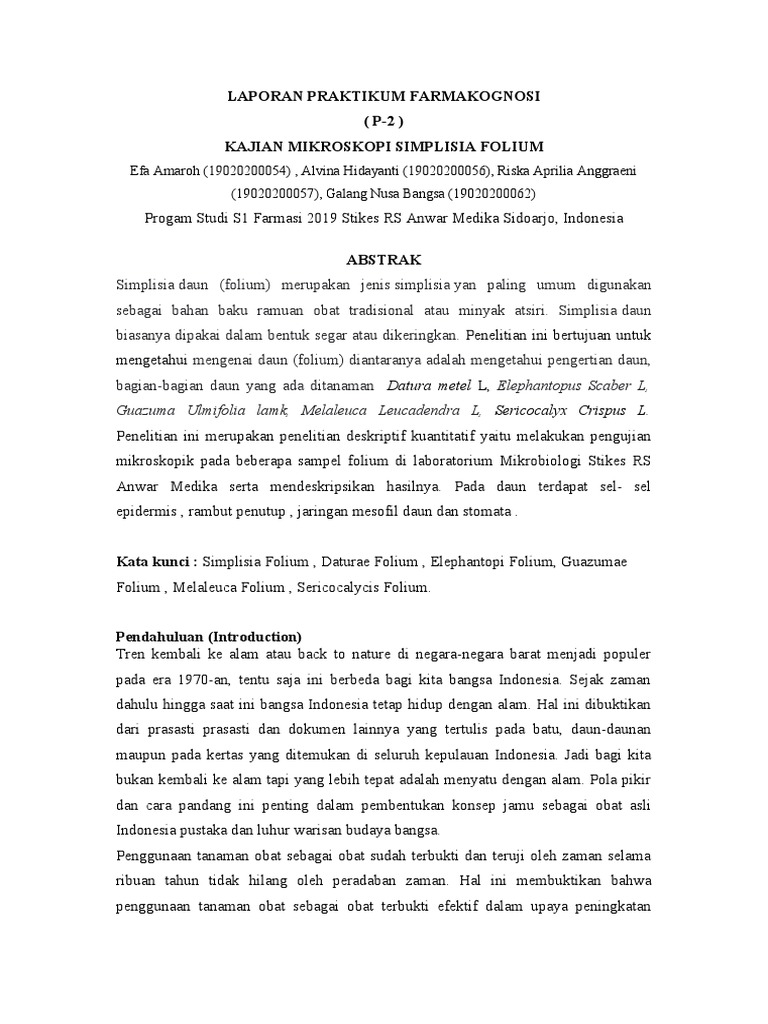 Laporan Praktikum Farmakognosi (Folium) | PDF