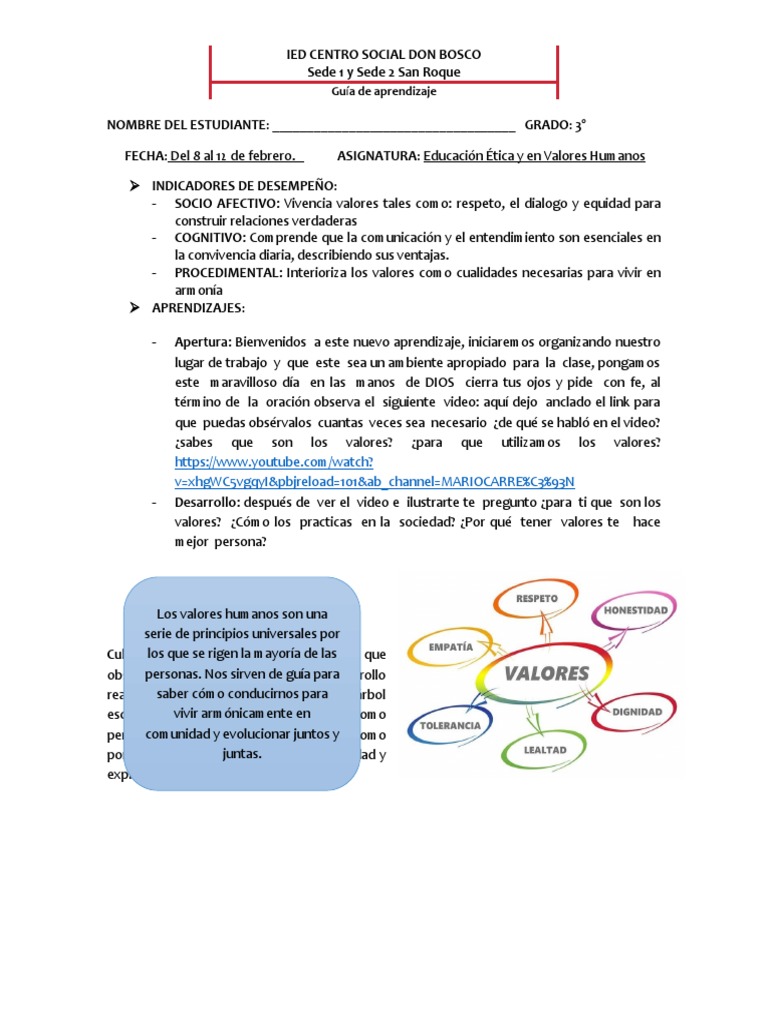 3° - GUIAS #1 DE ETICA Y VALORES. | PDF | Salón de clases | Aprendizaje