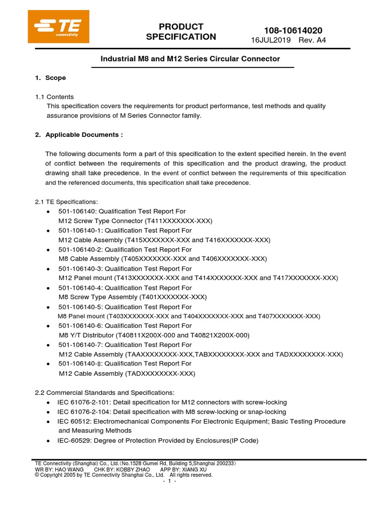 108-10614020 Product Specification: Industrial M8 and M12 Series ...