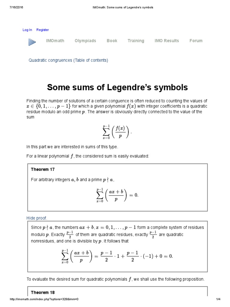 IMOmath - Some Sums of Legendre's Symbols | Download Free PDF ...