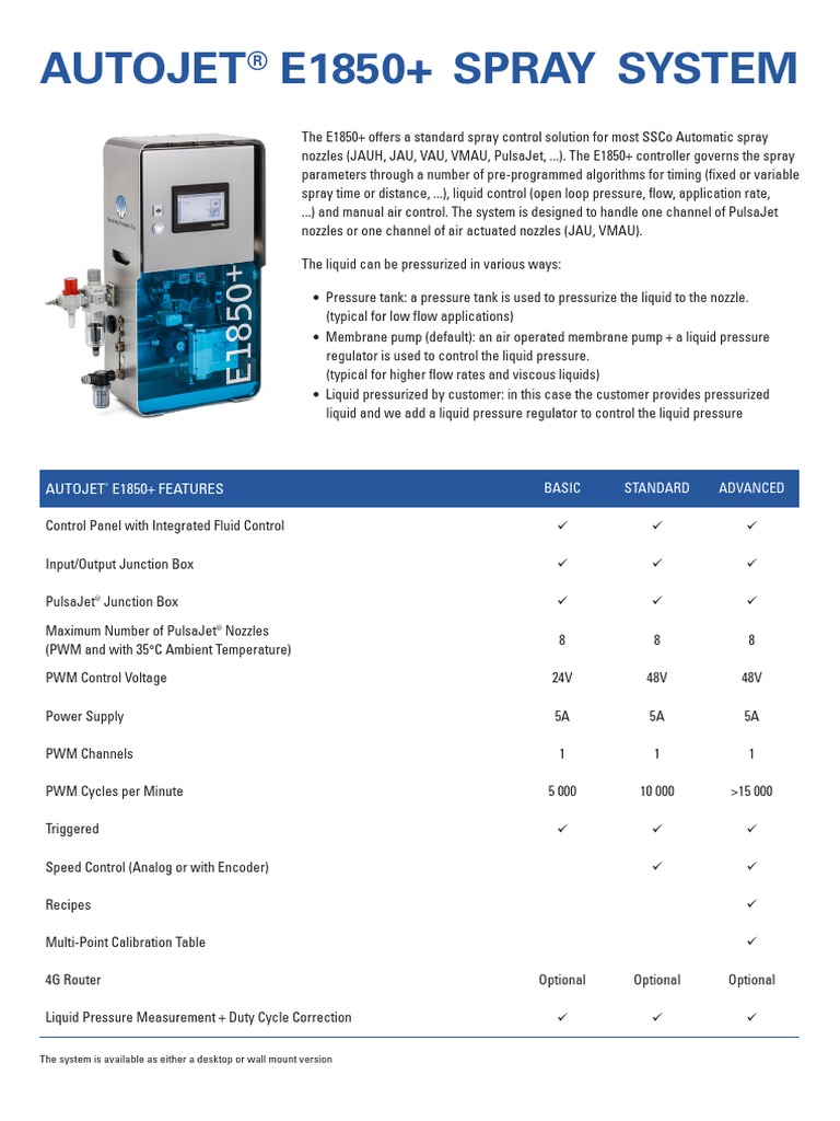 AutoJet E1850+ Spray System Spec Sheet | PDF | Pump | Pressure