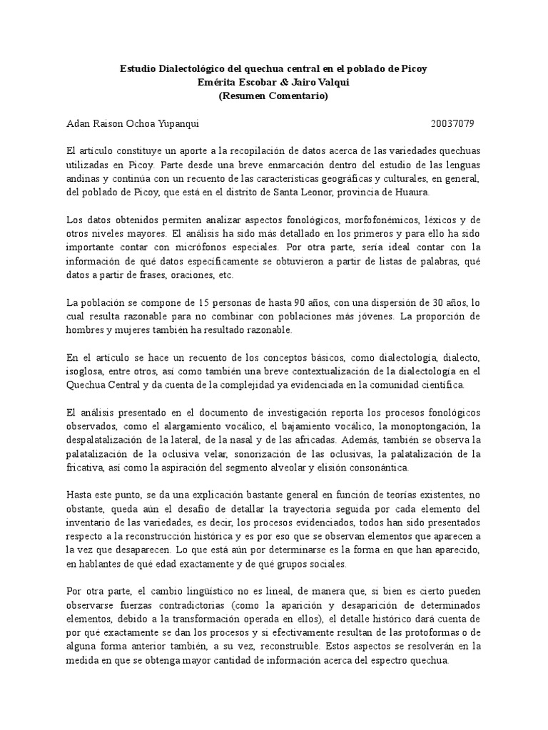 Estudio Dialectológico Del Quechua Central en El Poblado de Picoy | PDF | Dialectología ...