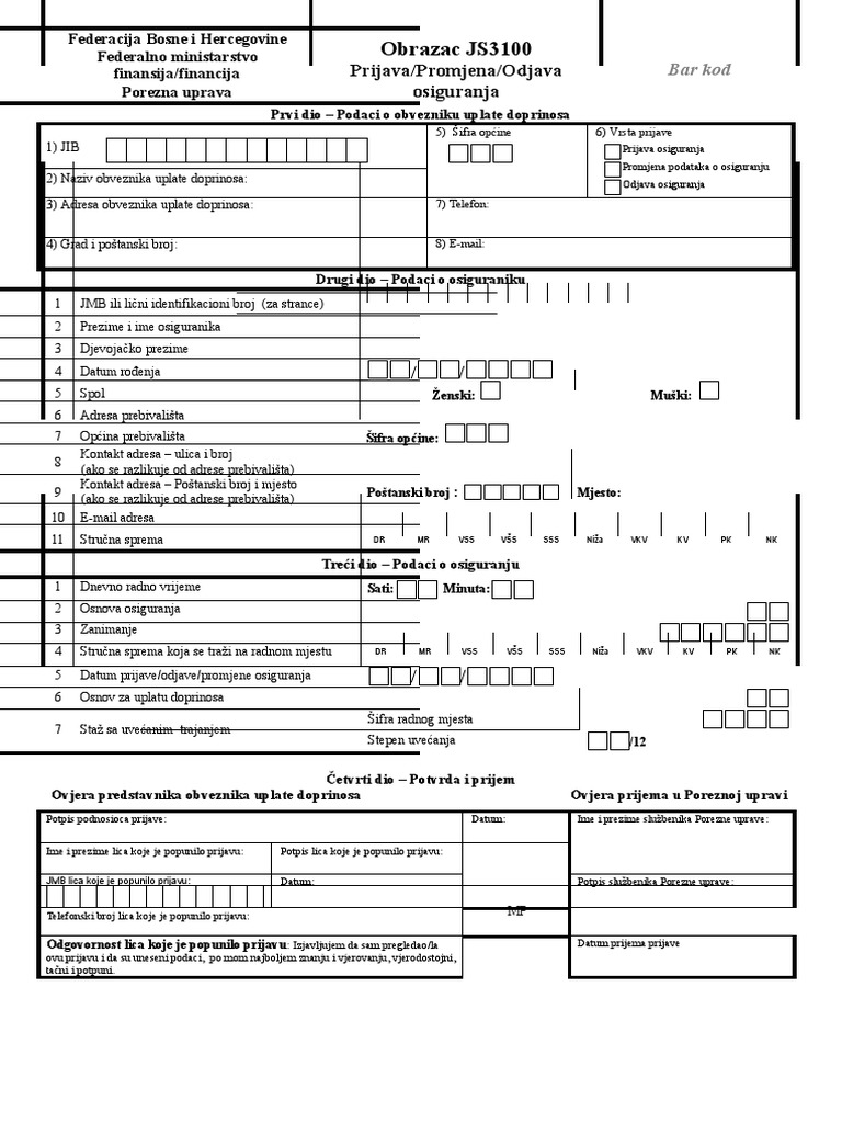 JS3100-PrijavaPromjenaOdjava Osiguranja | PDF