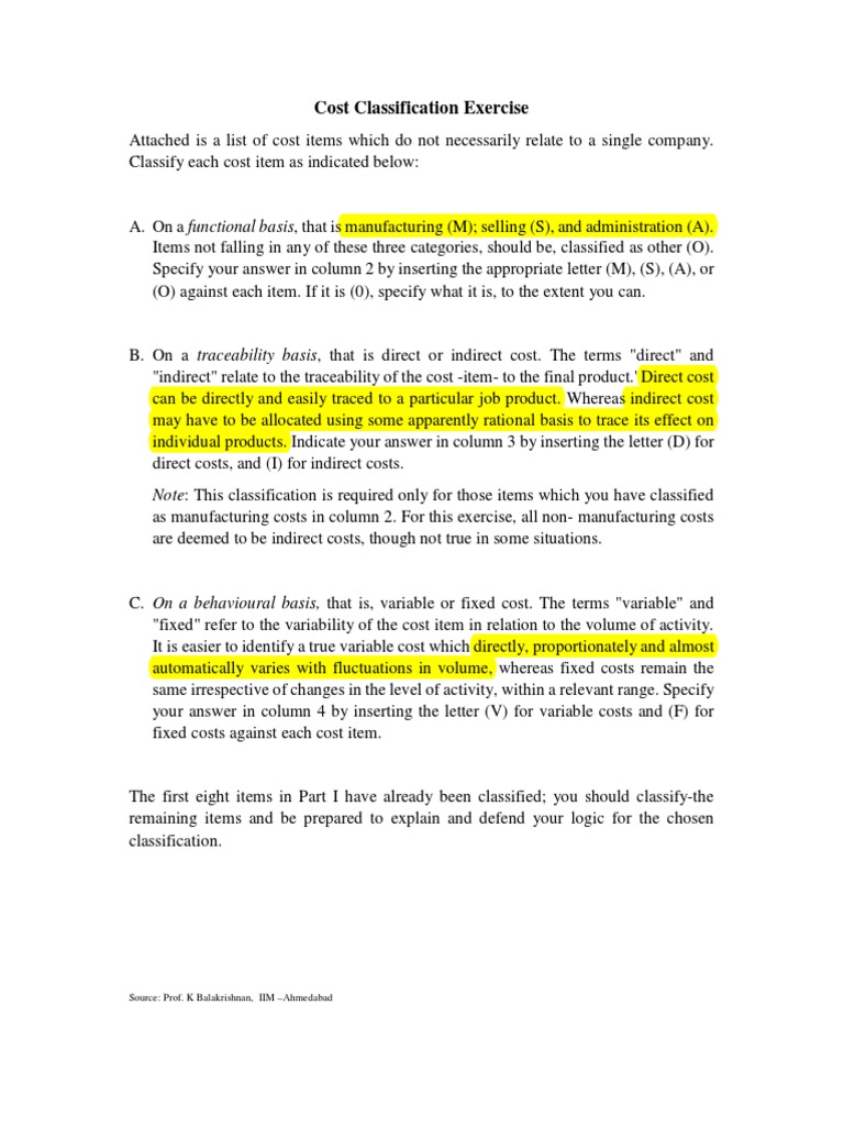 Cost Classification Exercise | Download Free PDF | Business | Economies