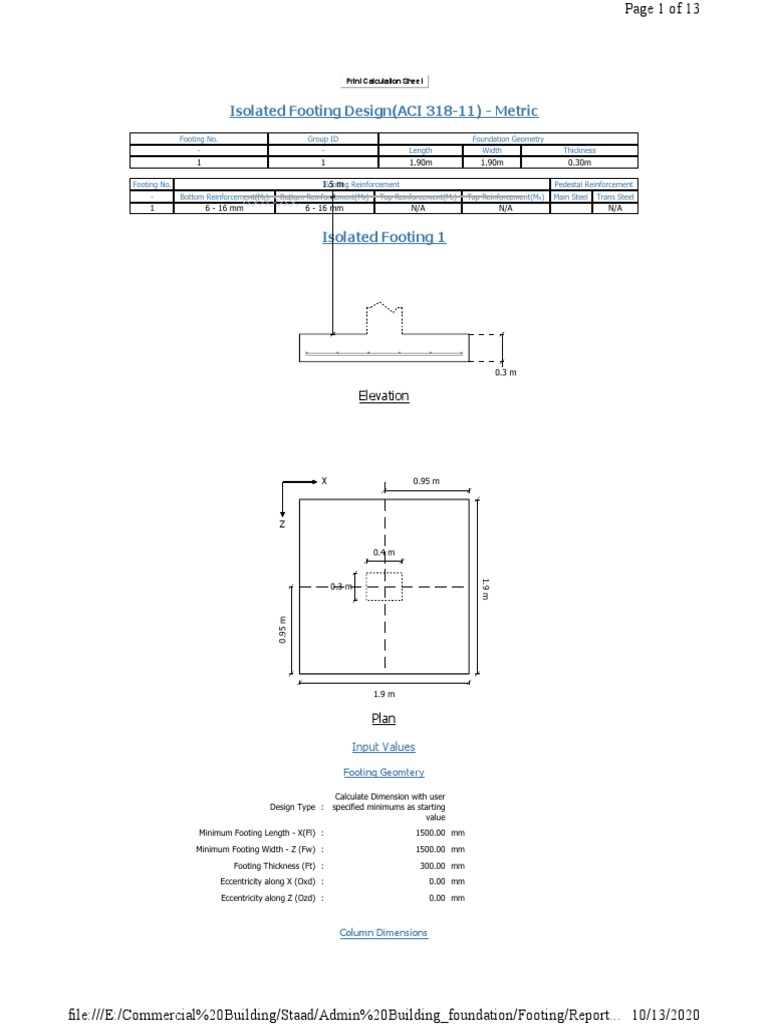 Isolated Footing Design (ACI 318-11) - Metric: Elevation | PDF | Civil ...