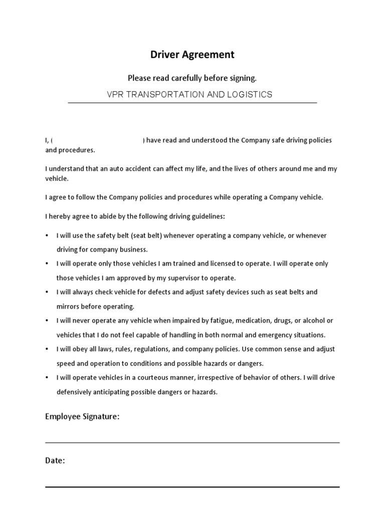Driver Agreement and Safety Policies | PDF