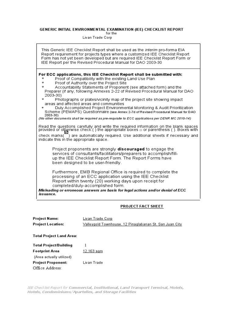 IEE Checklist for Livan Trade Corp | PDF | Wastewater | Water