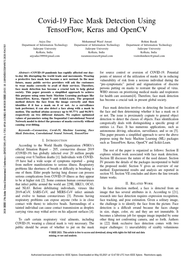 Covid-19 Face Mask Detection Using Tensorflow, Keras and Opencv | PDF ...