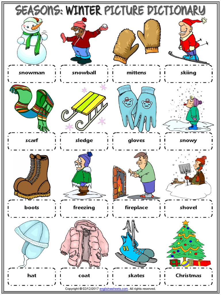 Winter Vocabulary Esl Picture Dictionary Worksheet For Kids | PDF