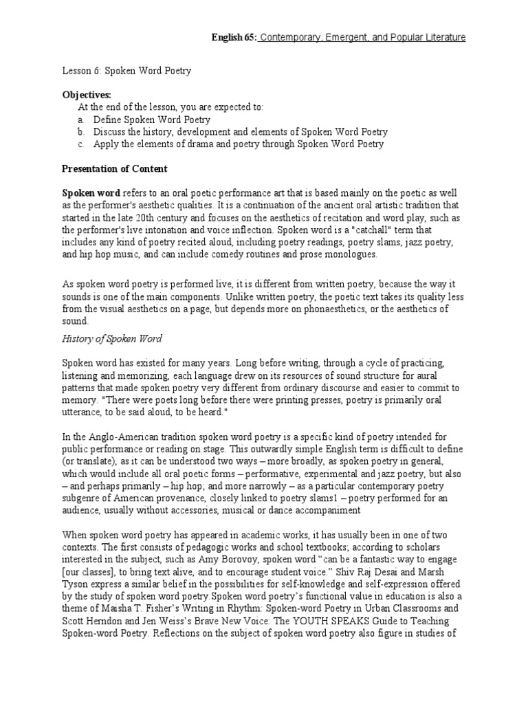 Unit 3. Lesson 6. Spoken Word Poetry | PDF | Spoken Word | Poetry