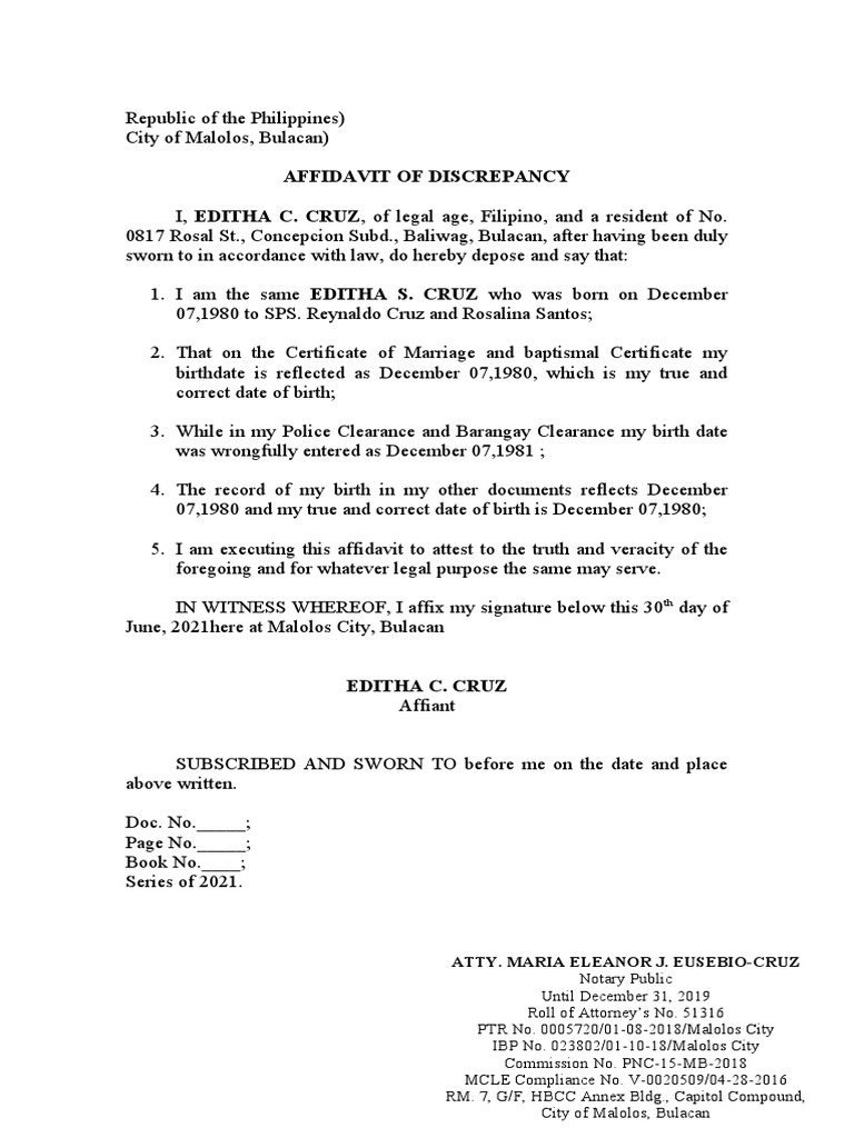 AFFIDAVIT OF DISCREPANCY Moneda | PDF