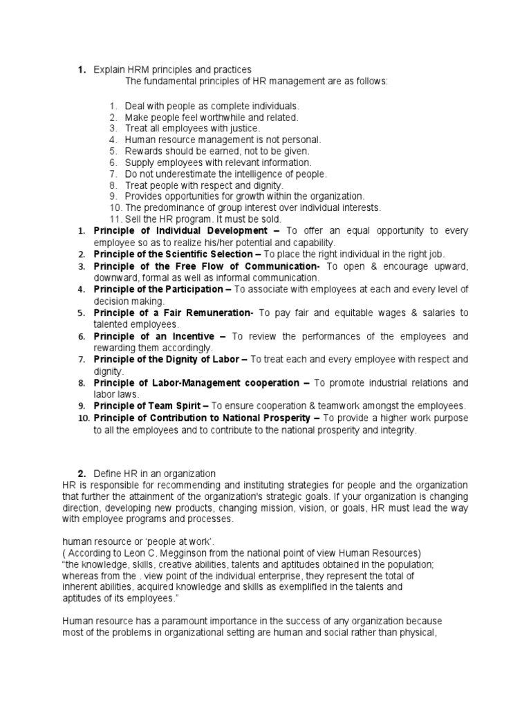 Explain HRM Principles and Practices | PDF | Human Resource Management ...