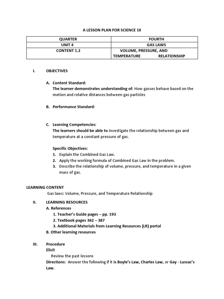Gas Laws Lesson Plan: Volume, Pressure, Temperature | PDF | Gases ...